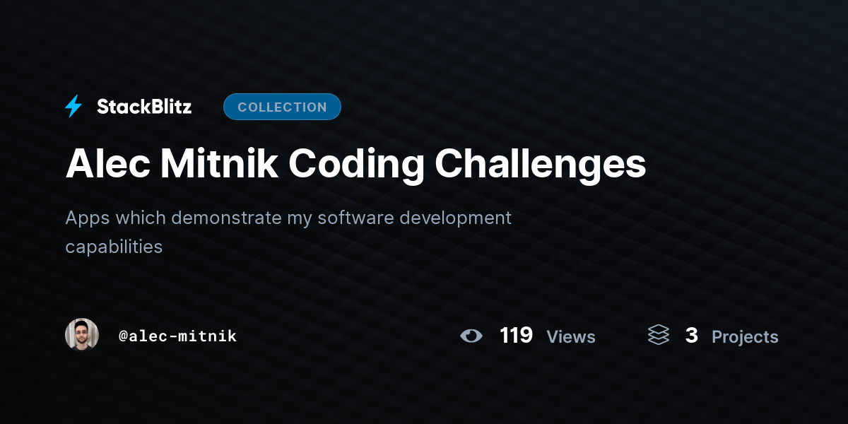 Alec Mitnik Coding Challenges by alec-mitnik - StackBlitz Alec Mitnik Coding Challenges by alec-mitnik - StackBlitz
