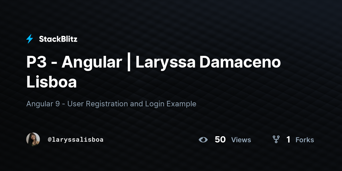 P3 - Angular | Laryssa Damaceno Lisboa - StackBlitz P3 - Angular | Laryssa Damaceno Lisboa - StackBlitz