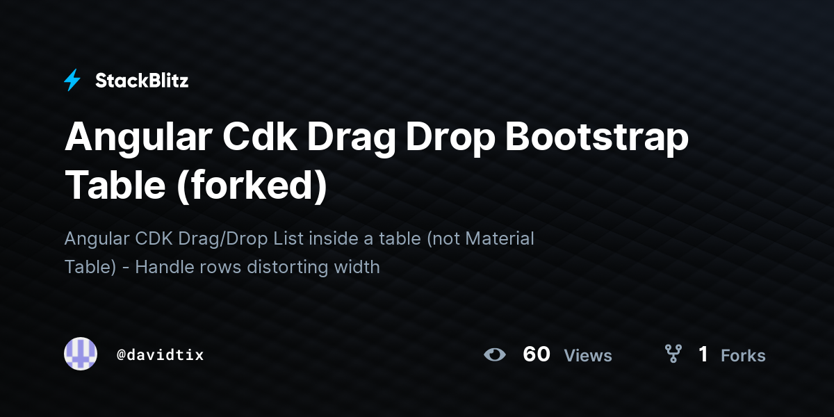 Angular Cdk Drag Drop Bootstrap Table (forked) - StackBlitz Angular Cdk Drag Drop Bootstrap Table (forked) - StackBlitz