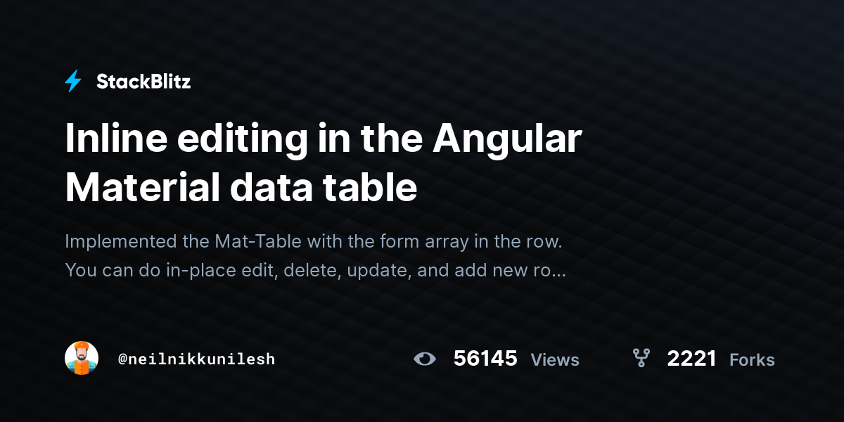 Inline editing in the Angular Material data table - StackBlitz Inline editing in the Angular Material data table - StackBlitz