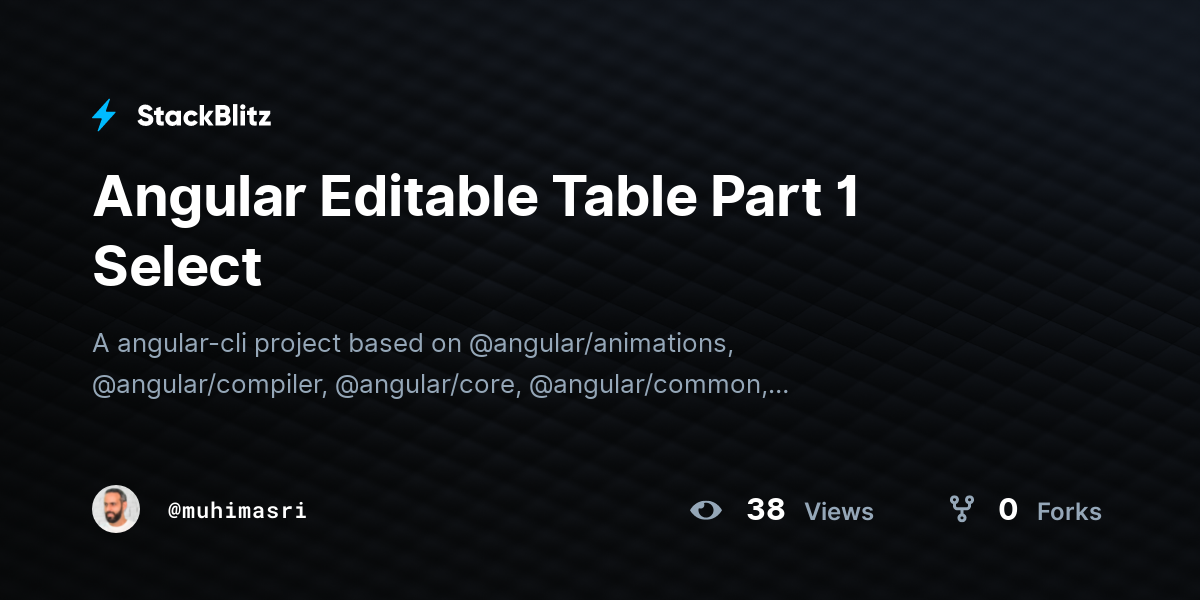 Angular Editable Table Part 1 Select - StackBlitz Angular Editable Table Part 1 Select - StackBlitz