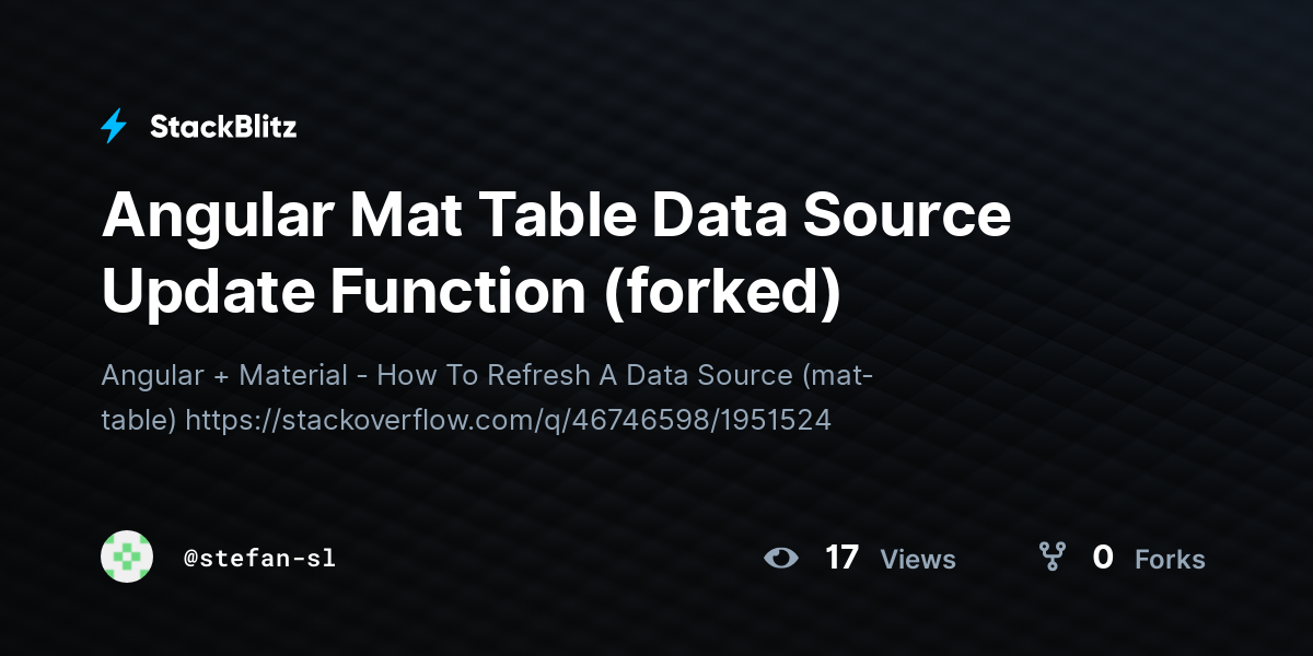 Angular Mat Table Data Source Update Function (forked) - StackBlitz Angular Mat Table Data Source Update Function (forked) - StackBlitz