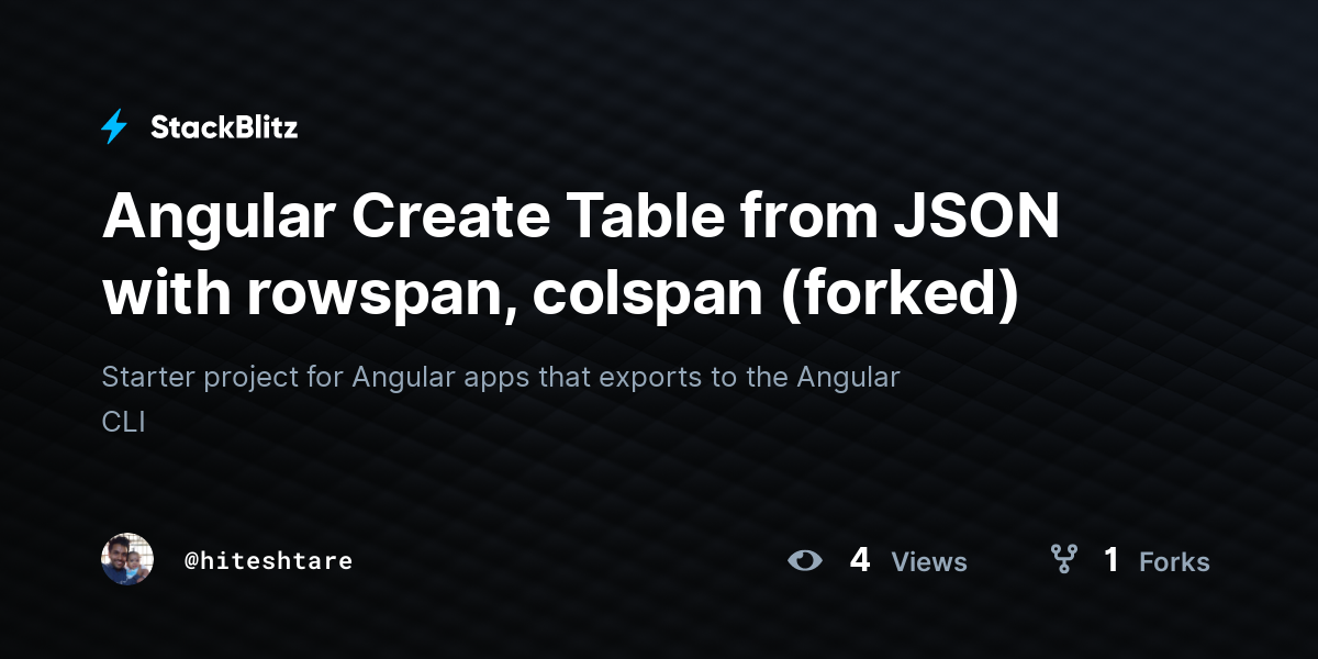 Angular Create Table from JSON with rowspan, colspan (forked) - StackBlitz Angular Create Table from JSON with rowspan, colspan (forked) - StackBlitz