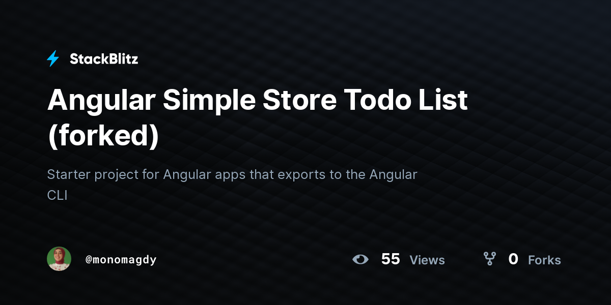 Angular Simple Store Todo List (forked) - StackBlitz Angular Simple Store Todo List (forked) - StackBlitz