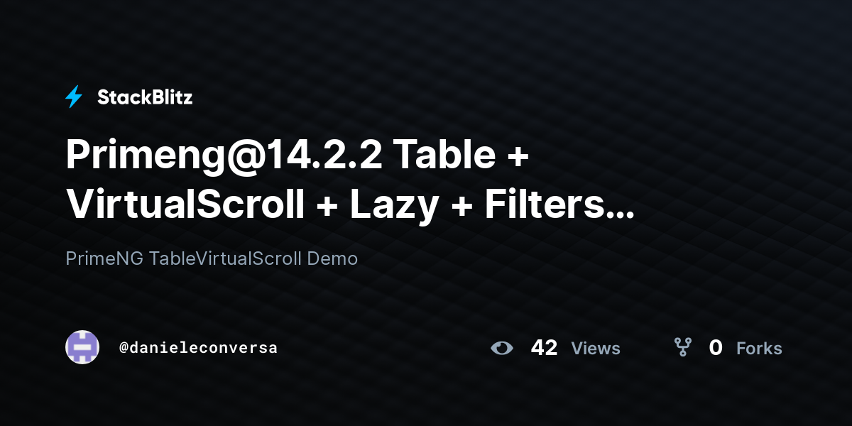 Primeng@14.2.2 Table + VirtualScroll + Lazy + Filters (forked) - StackBlitz Primeng@14.2.2 Table + VirtualScroll + Lazy + Filters (forked) - StackBlitz