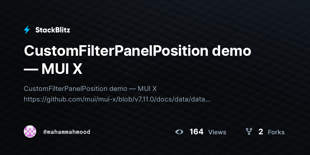 CustomFilterPanelPosition demo — MUI X - StackBlitz CustomFilterPanelPosition demo — MUI X - StackBlitz
