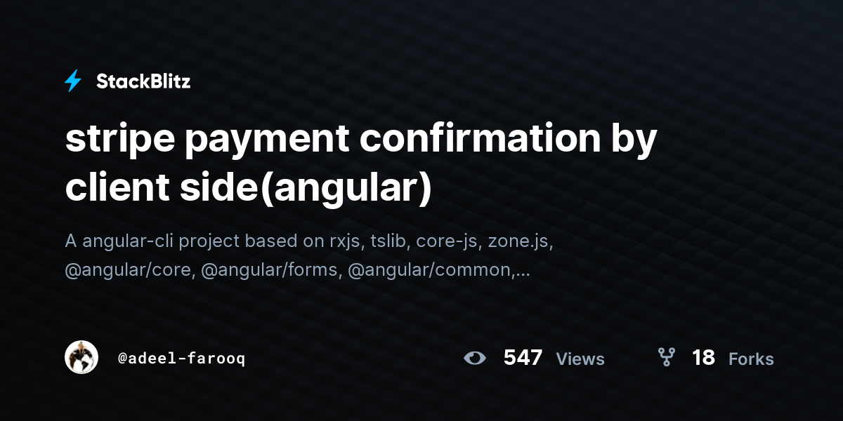 stripe payment confirmation by client side(angular) - StackBlitz