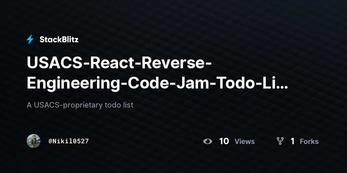 USACS-React-Reverse-Engineering-Code-Jam-Todo-List (forked) - StackBlitz USACS-React-Reverse-Engineering-Code-Jam-Todo-List (forked) - StackBlitz
