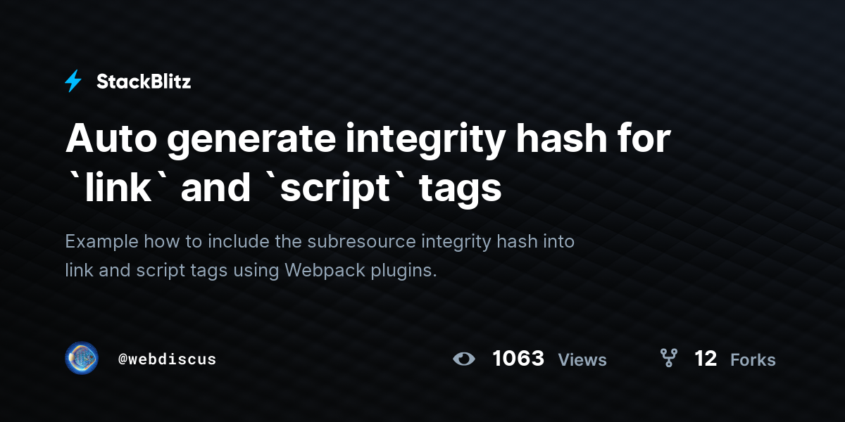 Auto generate integrity hash for `link` and `script` tags - StackBlitz